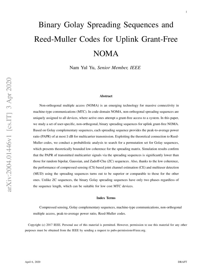 Binary Golay Spreading Sequences and Reed-Muller Codes for Uplink Grant ...
