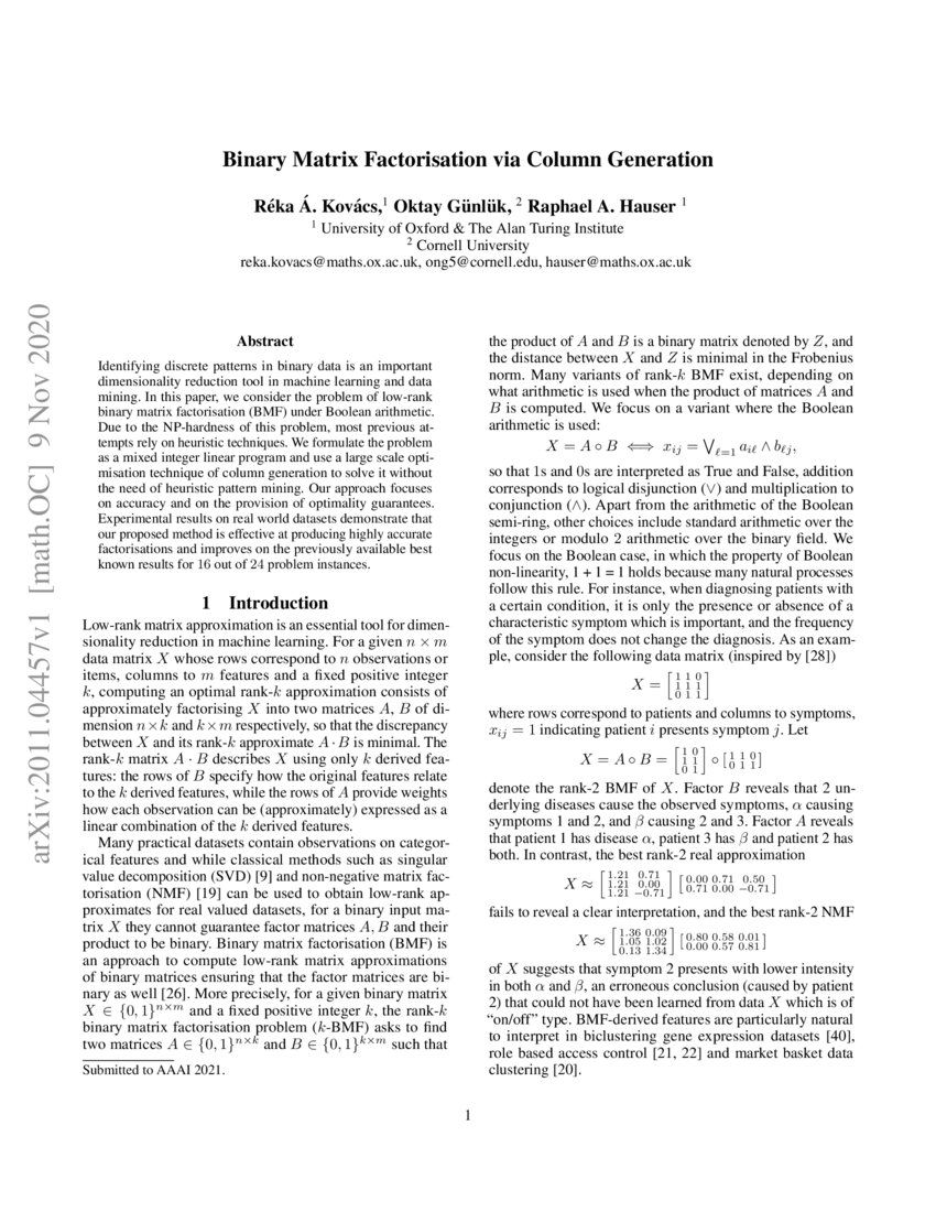 Binary Matrix Factorisation Via Column Generation Deepai