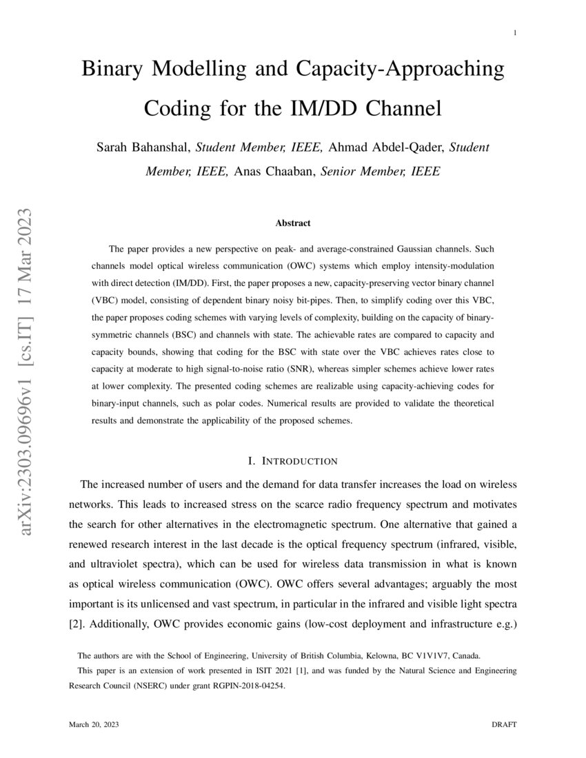 Binary Modelling and Capacity-Approaching Coding for the IM/DD Channel | DeepAI