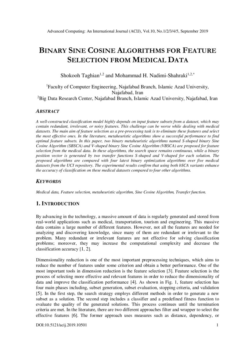 Binary Sine Cosine Algorithms For Feature Selection From Medical Data Deepai