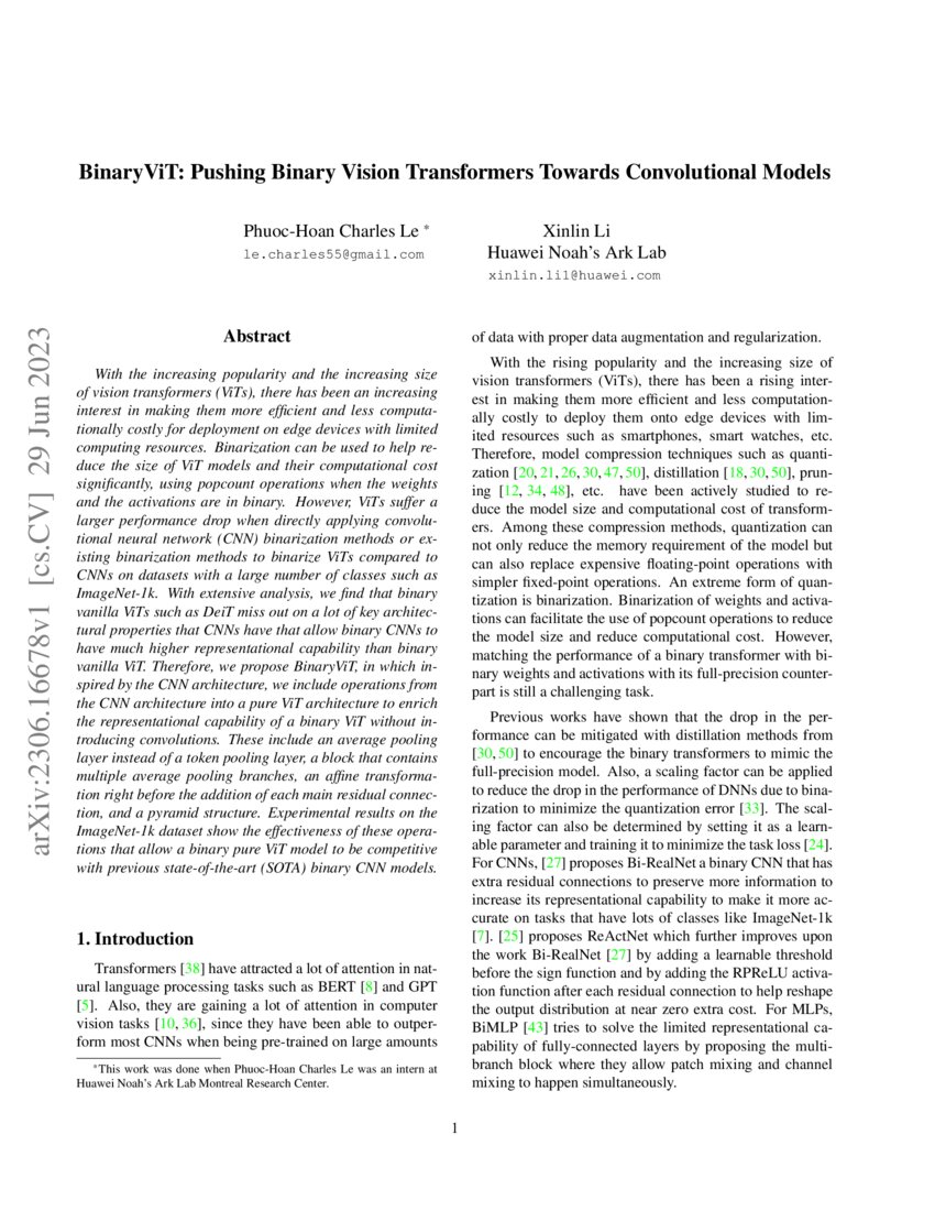 BinaryViT: Pushing Binary Vision Transformers Towards Convolutional Models | DeepAI