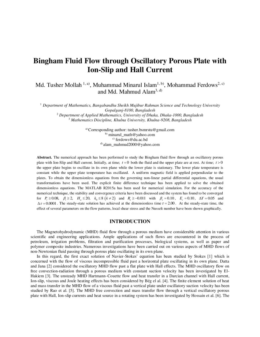 Bingham Fluid Flow through Oscillatory Porous Plate with Ion-Slip and ...