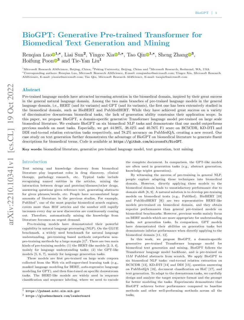 BioGPT: Generative Pre-trained Transformer for Biomedical Text Generation and Mining | DeepAI