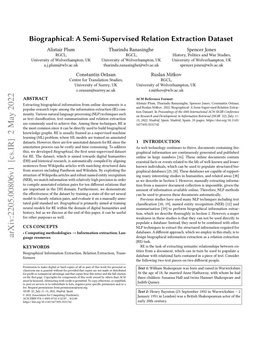 Biographical A Semi Supervised Relation Extraction Dataset Deepai