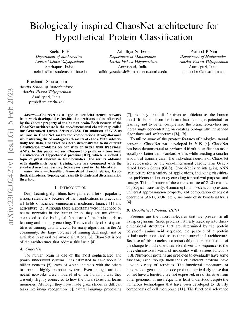 Biologically inspired ChaosNet architecture for Hypothetical Protein Classification | DeepAI