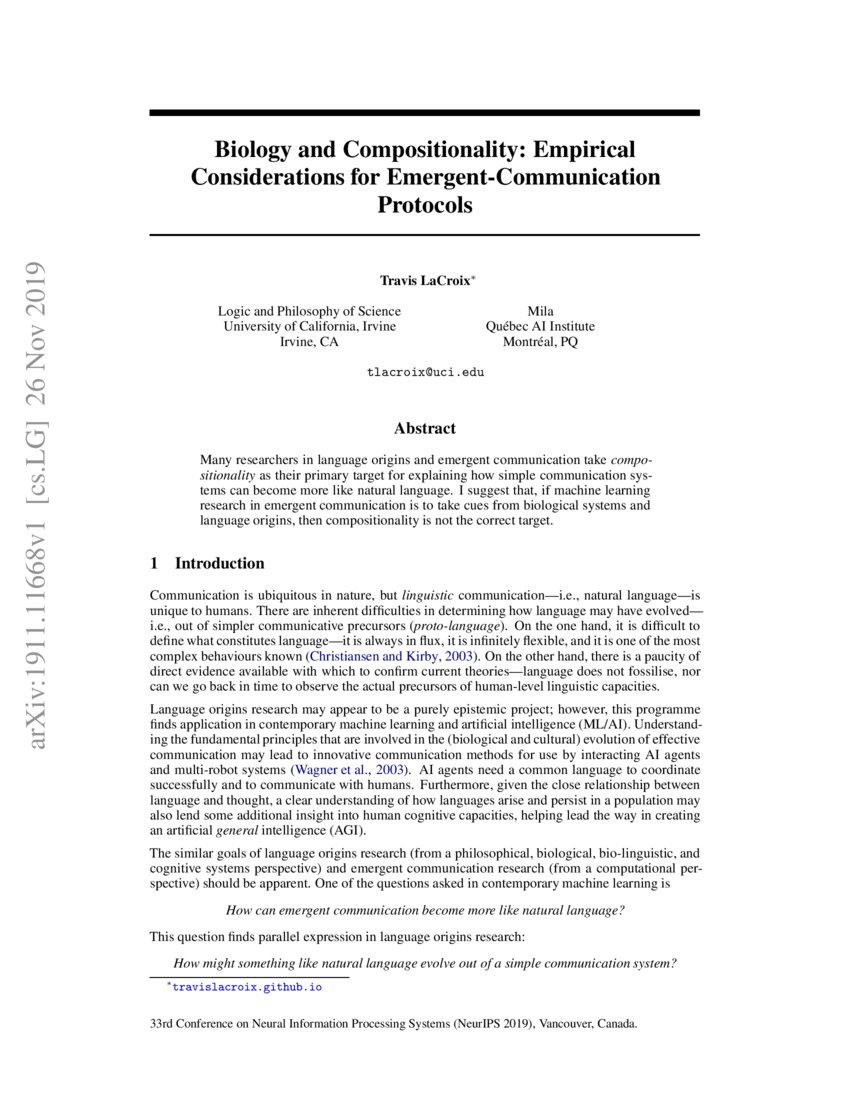 Biology and Compositionality: Empirical Considerations for Emergent-Communication Protocols | DeepAI