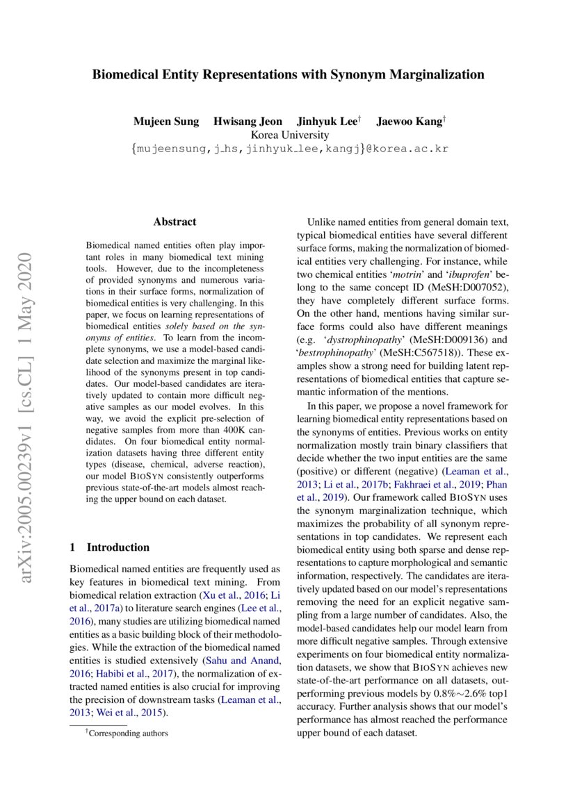 Biomedical Entity Representations with Synonym Marginalization | DeepAI