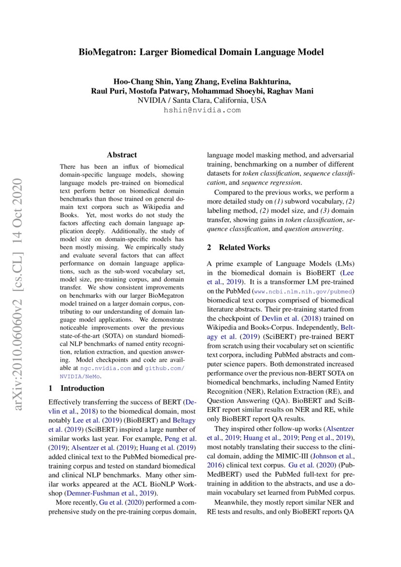 BioMegatron: Larger Biomedical Domain Language Model | DeepAI