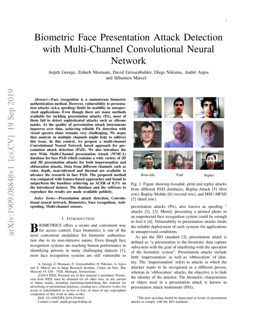 Biometric Face Presentation Attack Detection with Multi-Channel Convolutional Neural Network ...