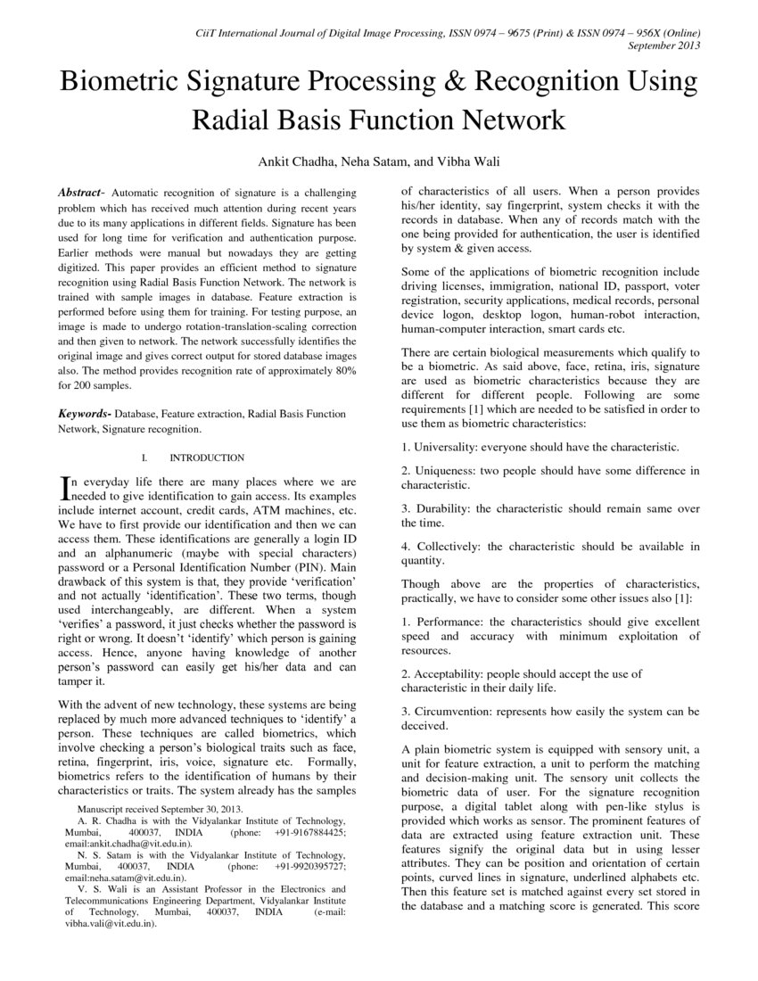 Biometric Signature Processing And Recognition Using Radial Basis Function Network Deepai