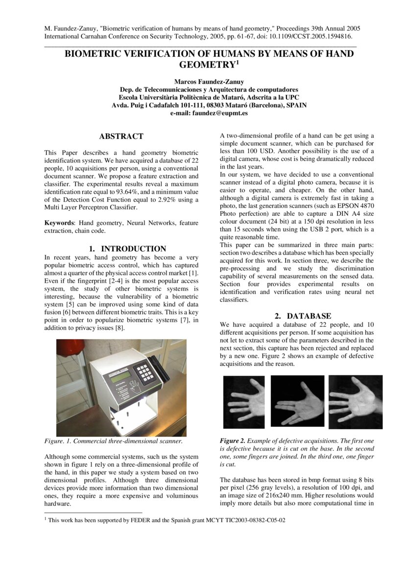 Biometric Verification Of Humans By Means Of Hand Geometry Deepai