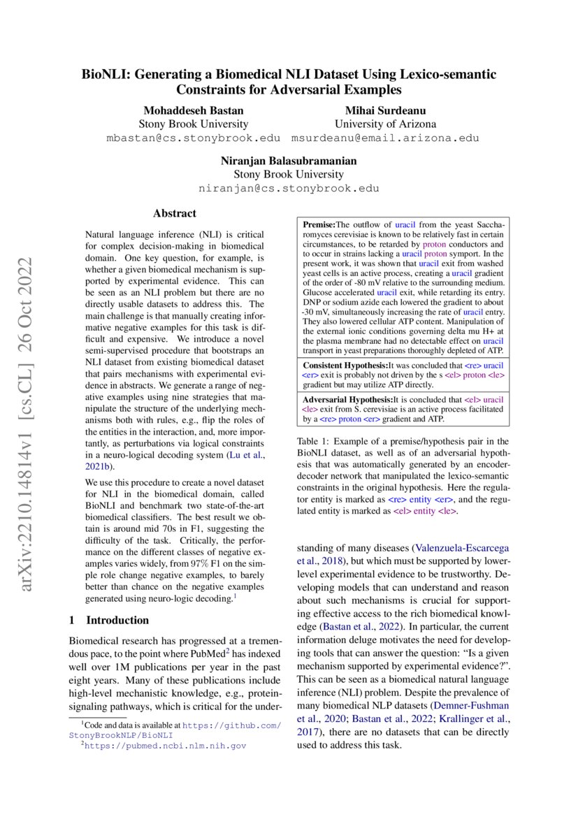 BioNLI: Generating a Biomedical NLI Dataset Using Lexico-semantic Constraints for Adversarial ...