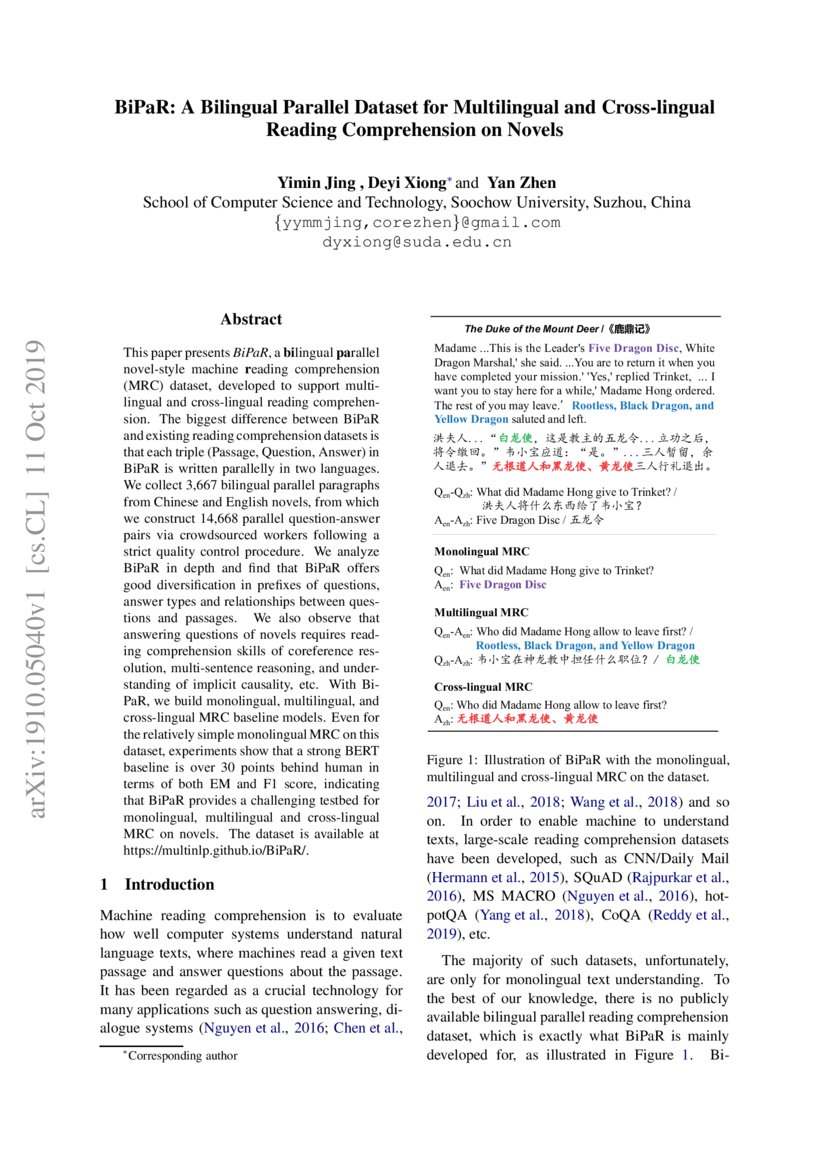 BiPaR: A Bilingual Parallel Dataset for Multilingual and Cross-lingual ...