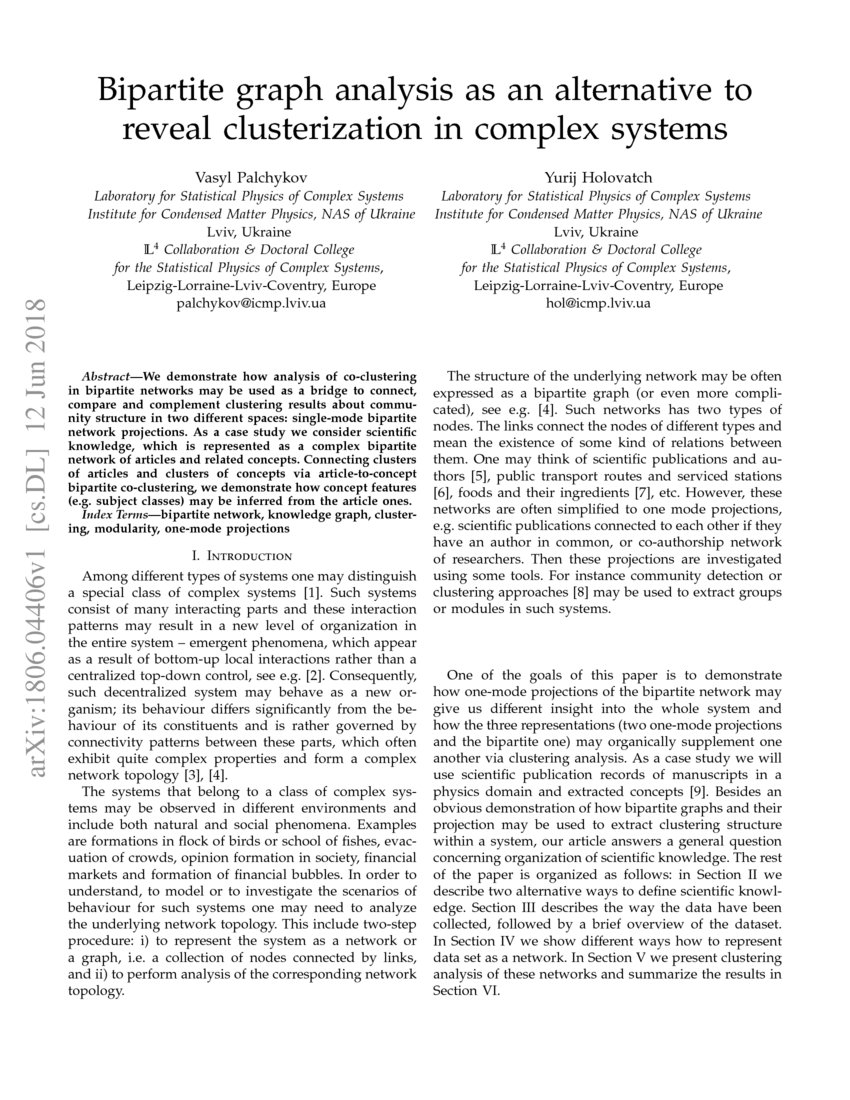 Bipartite Graph Analysis As An Alternative To Reveal Clusterization In Complex Systems Deepai