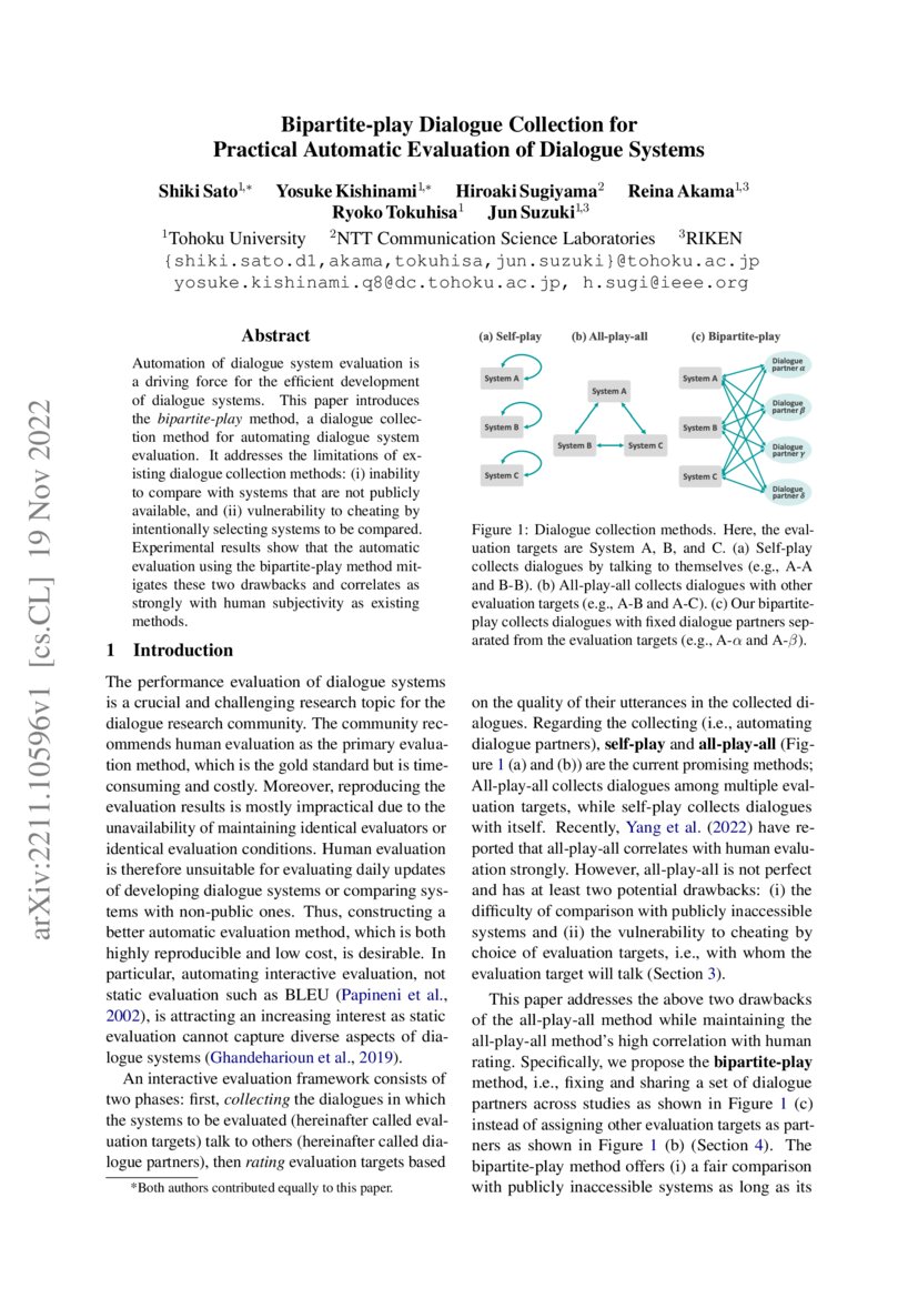 Bipartite Play Dialogue Collection For Practical Automatic Evaluation Of Dialogue Systems Deepai