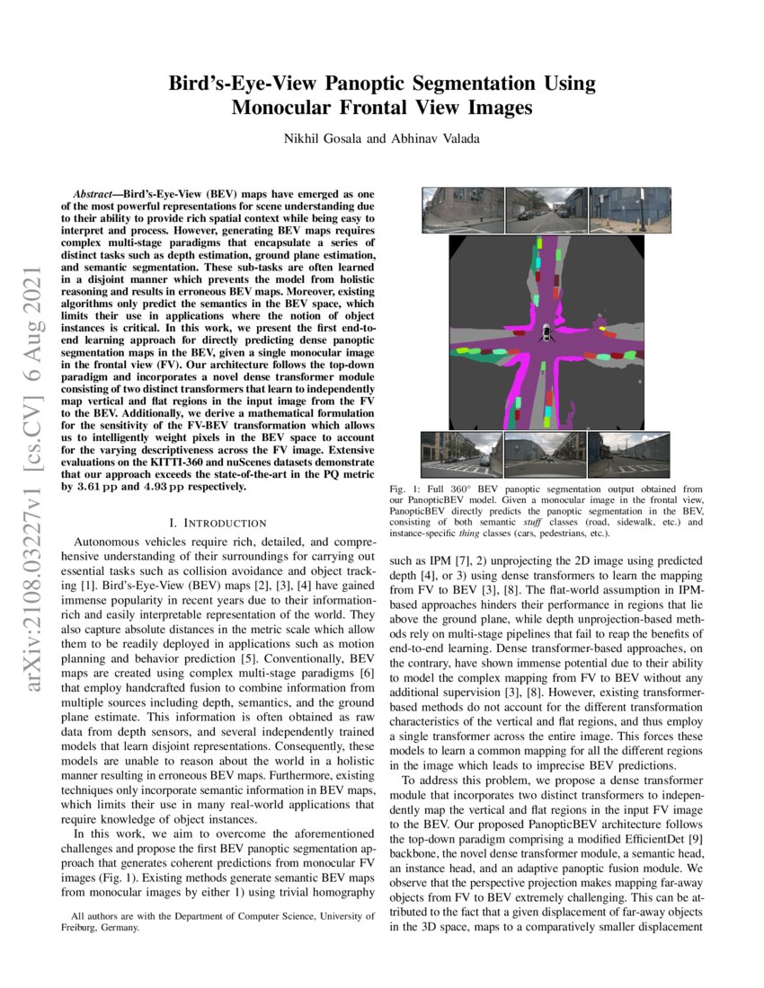 Bird's-Eye-View Panoptic Segmentation Using Monocular Frontal View Images | DeepAI