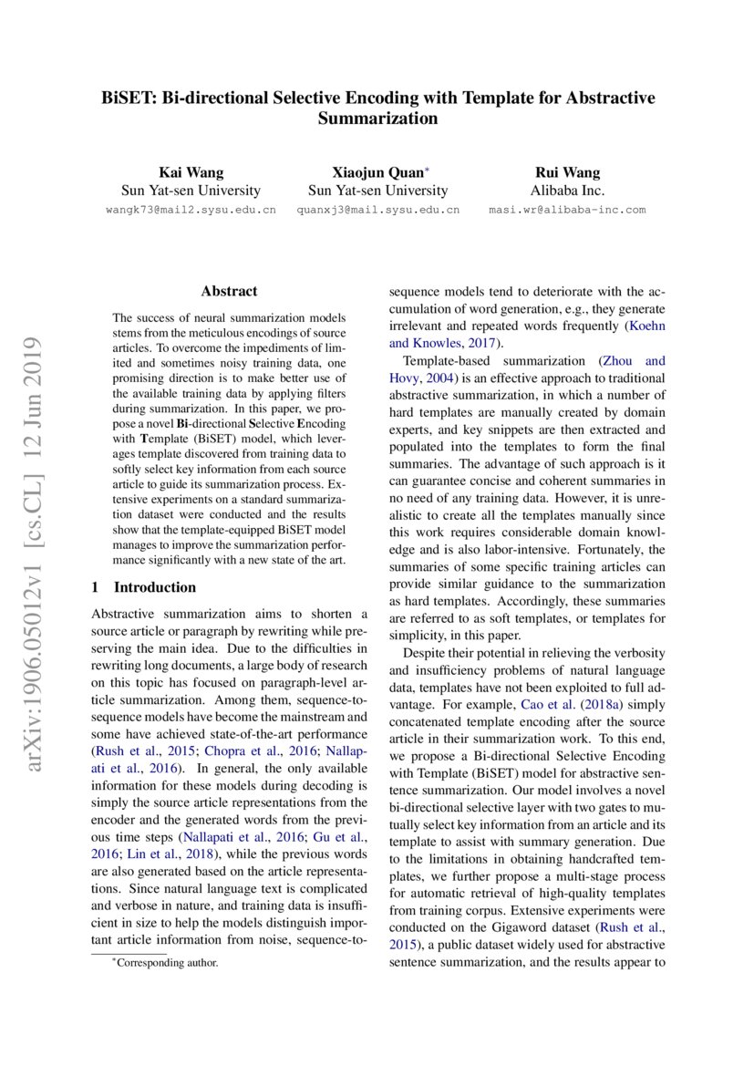 Biset Bi Directional Selective Encoding With Template For Abstractive
