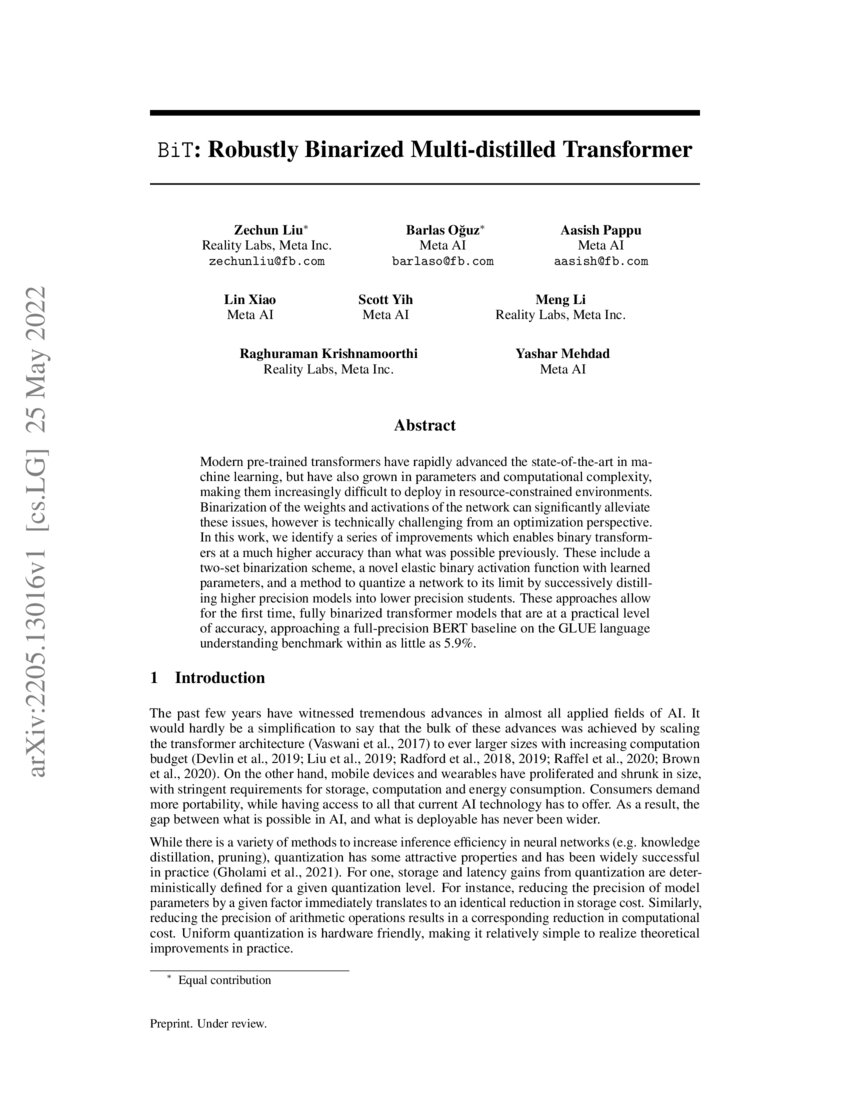 BiT: Robustly Binarized Multi-distilled Transformer | DeepAI