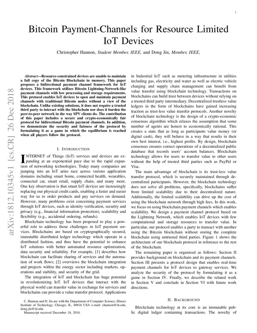 Bitcoin Payment-channels for Resource Limited IoT Devices | DeepAI