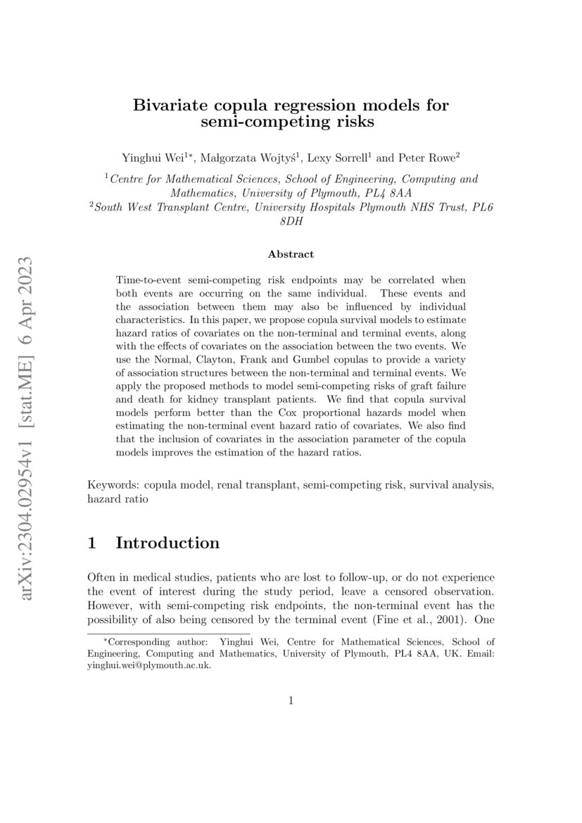 Bivariate copula regression models for semi-competing risks | DeepAI