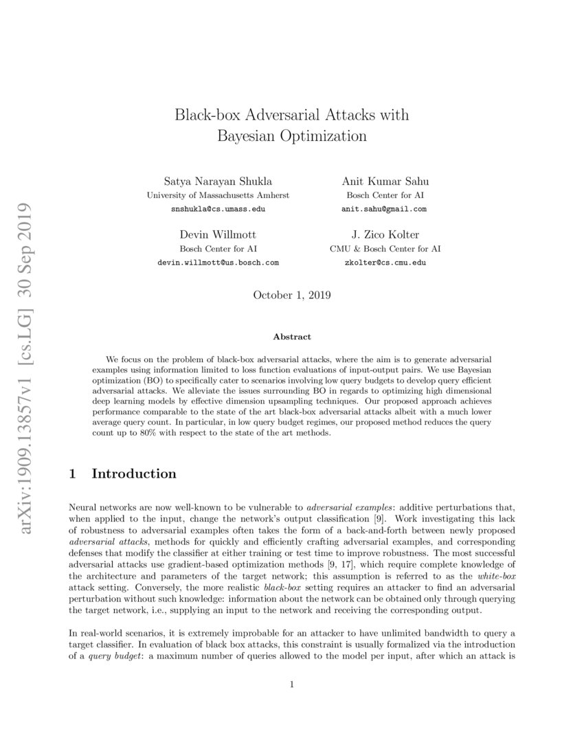 Black Box Adversarial Attacks With Bayesian Optimization Deepai