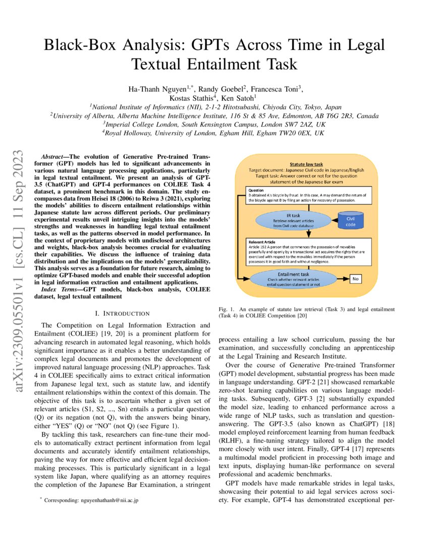 Black-Box Analysis: GPTs Across Time in Legal Textual Entailment Task | DeepAI