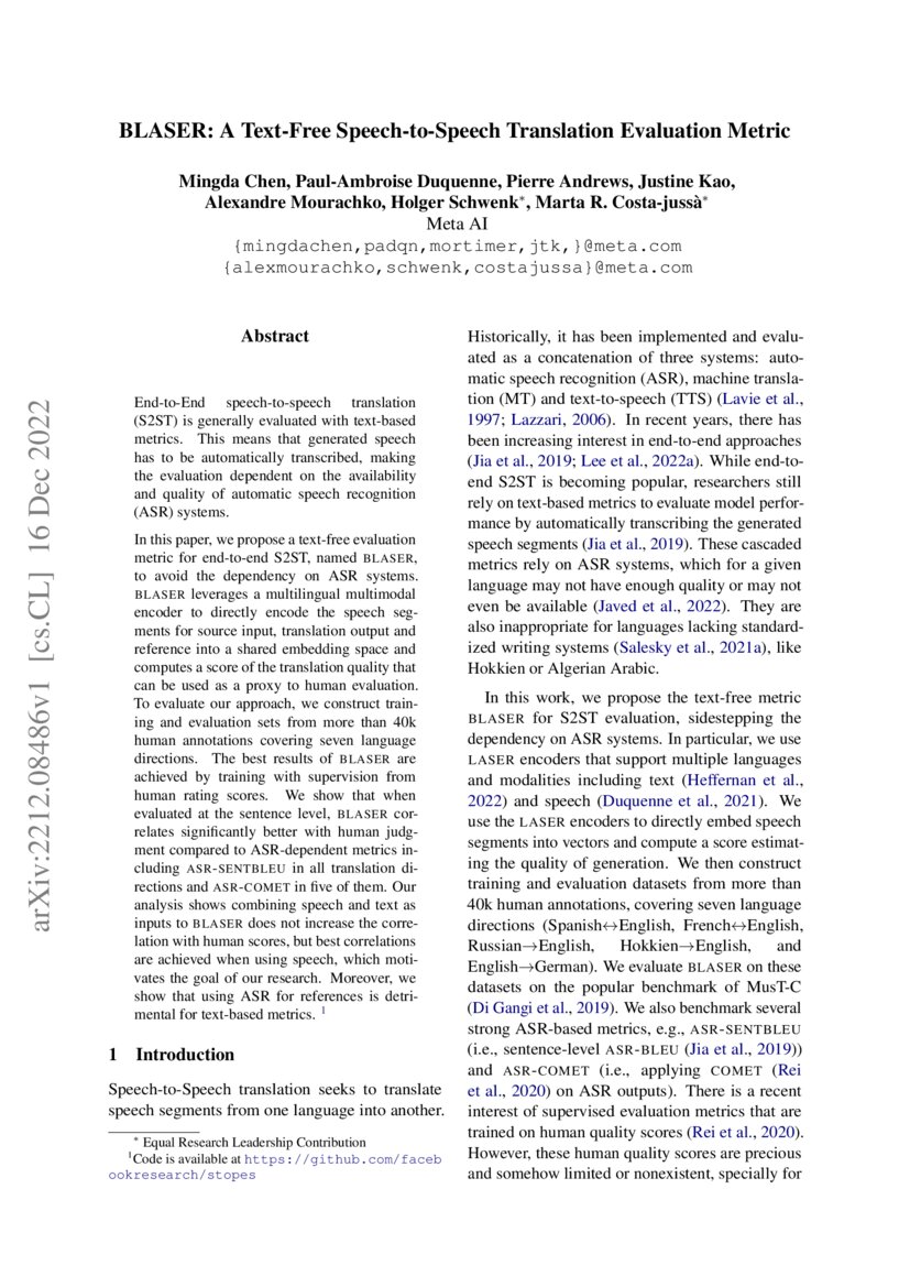 Blaser A Text Free Speech To Speech Translation Evaluation Metric Deepai