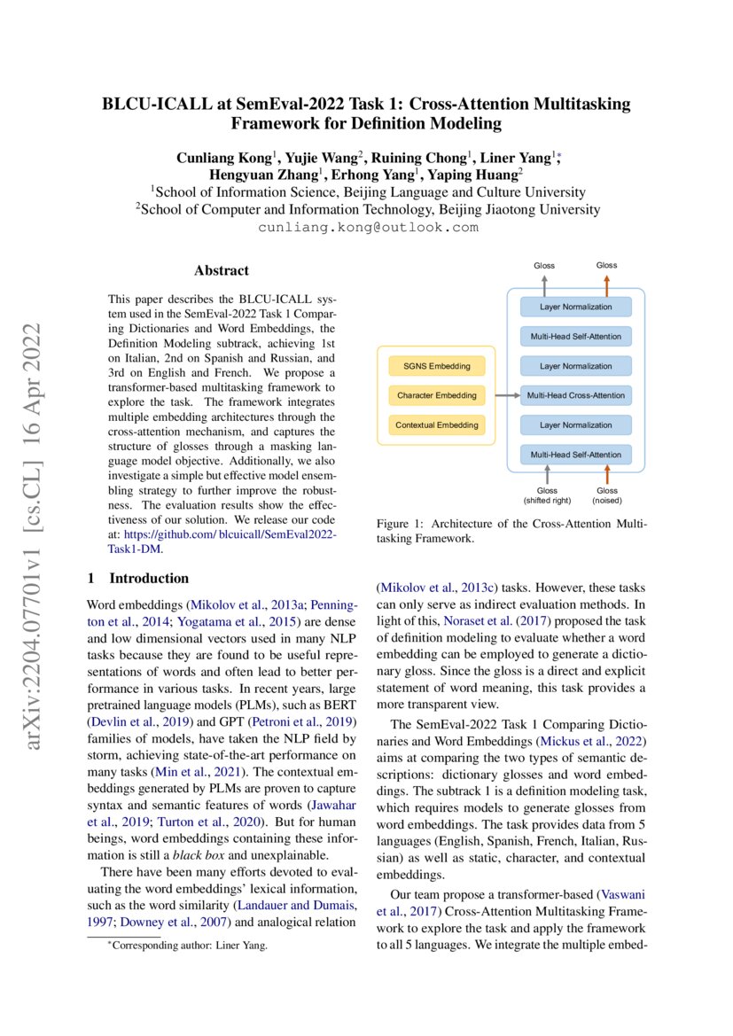 BLCU-ICALL at SemEval-2022 Task 1: Cross-Attention Multitasking Framework for Definition ...