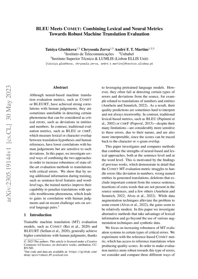Bleu Meets Comet Combining Lexical And Neural Metrics Towards Robust Machine Translation