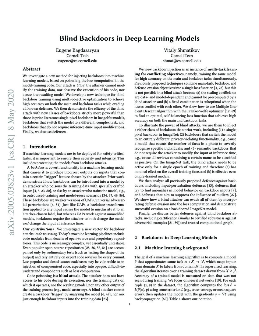 Blind Backdoors In Deep Learning Models Deepai