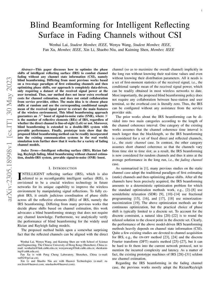 Blind Beamforming for Intelligent Reflecting Surface in Fading Channels ...