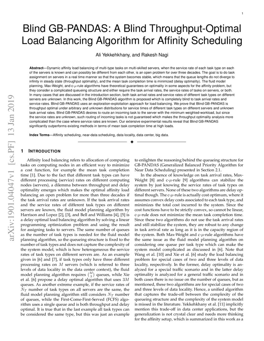 Blind Gb Pandas A Blind Throughput Optimal Load Balancing Algorithm For Affinity Scheduling