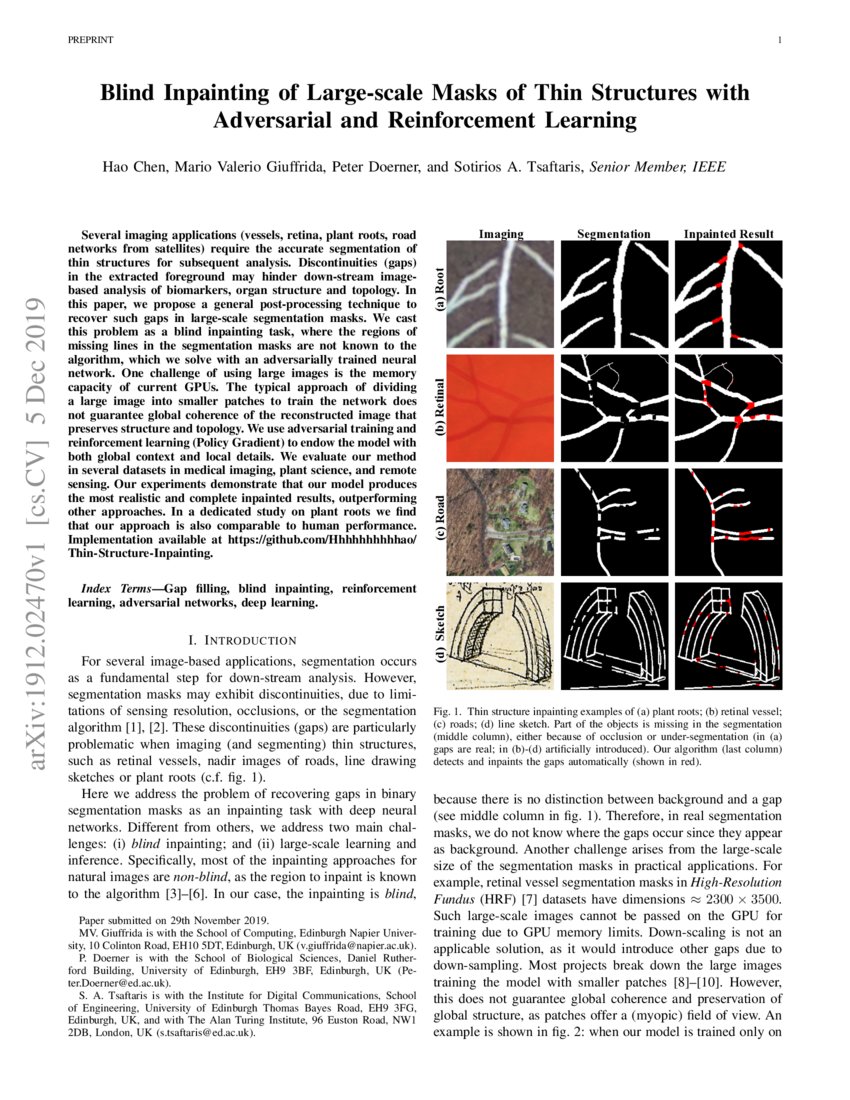 Blind Inpainting of Large-scale Masks of Thin Structures with ...
