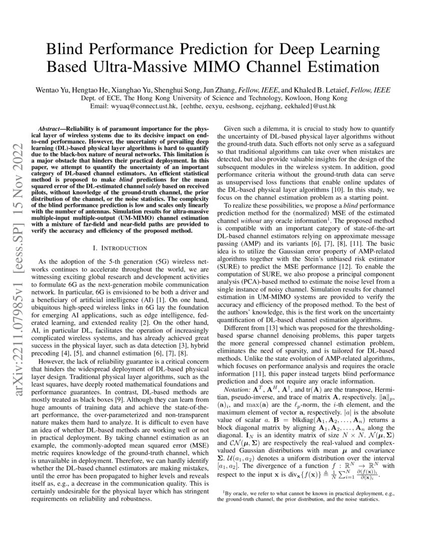 Blind Performance Prediction for Deep Learning Based Ultra-Massive MIMO Channel Estimation | DeepAI