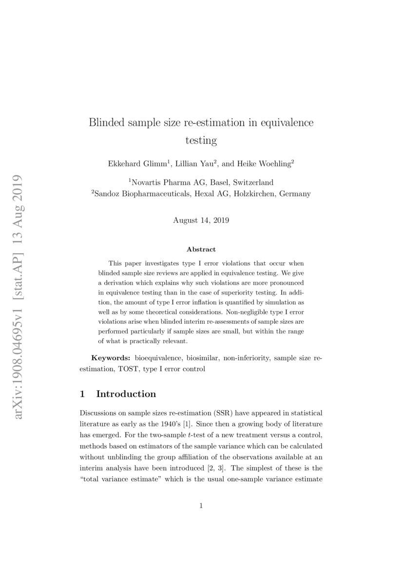 Blinded Sample Size Re Estimation In Equivalence Testing Deepai