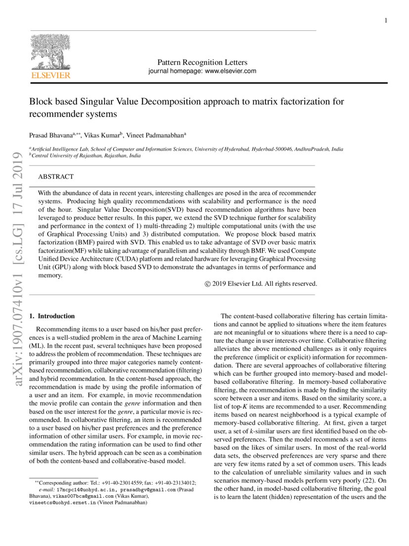 Block based Singular Value Decomposition approach to matrix ...