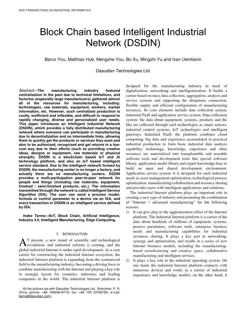 Block Chain based Intelligent Industrial Network (DSDIN) | DeepAI