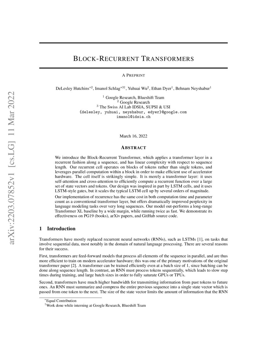 Block-Recurrent Transformers | DeepAI