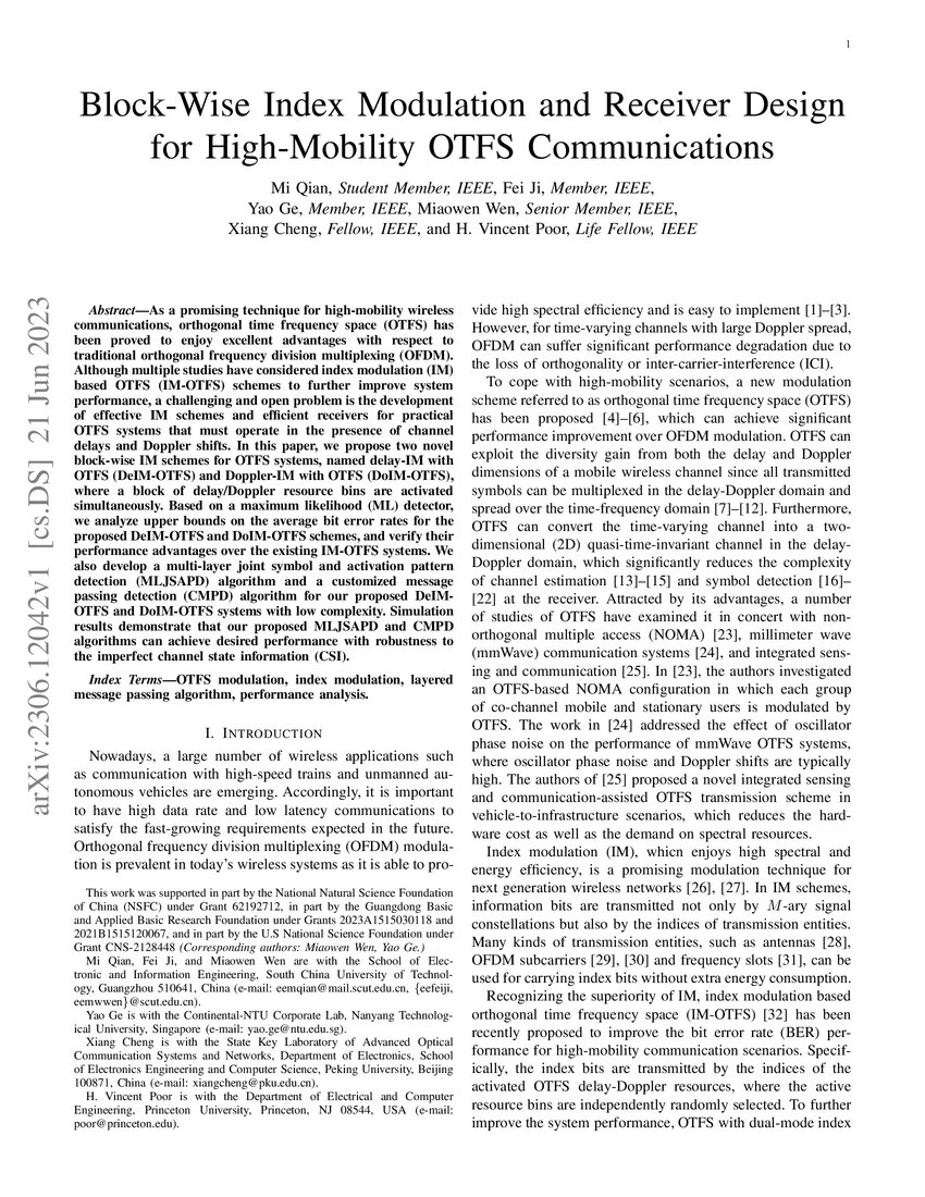 Block-Wise Index Modulation and Receiver Design for High-Mobility OTFS Communications | DeepAI