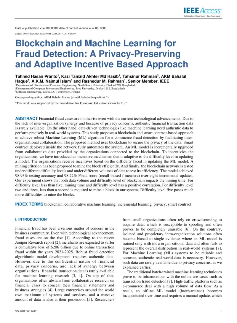 Blockchain And Machine Learning For Fraud Detection A Privacy Preserving And Adaptive Incentive