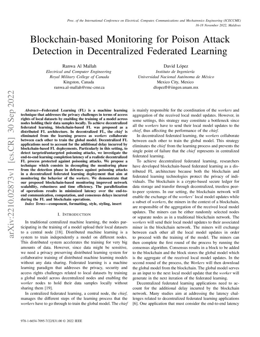 Blockchain-based Monitoring for Poison Attack Detection in Decentralized Federated Learning | DeepAI