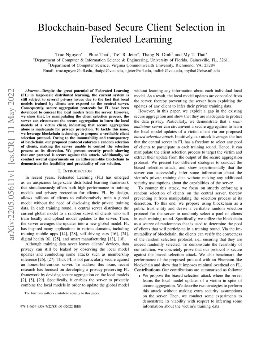 Blockchain-based Secure Client Selection in Federated Learning | DeepAI