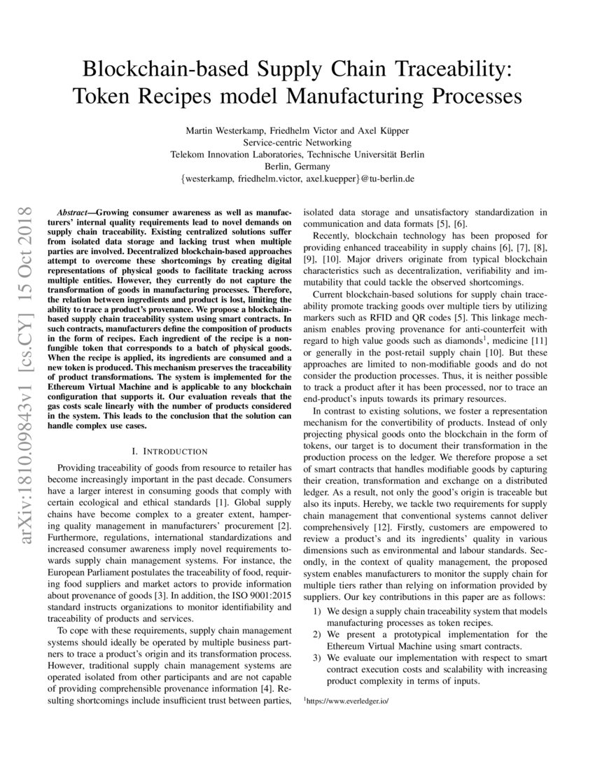 Blockchain-based Supply Chain Traceability: Token Recipes model Manufacturing Processes | DeepAI
