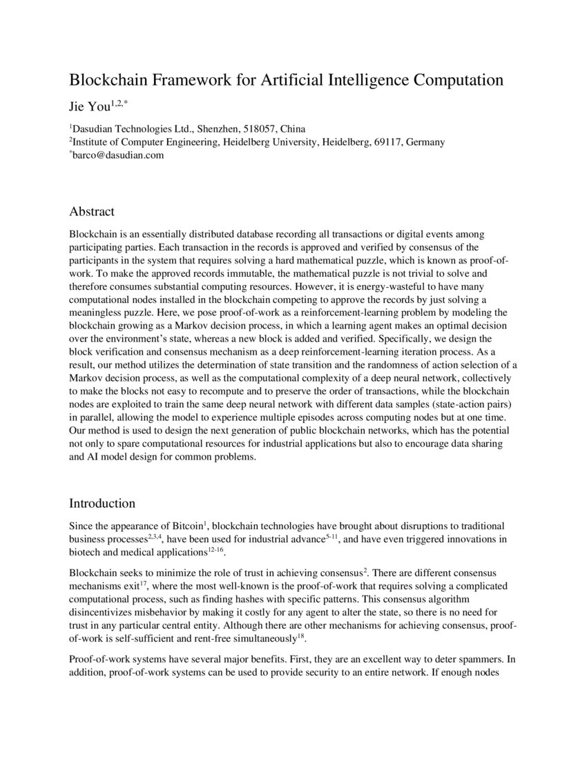 Blockchain Framework For Artificial Intelligence Computation Deepai