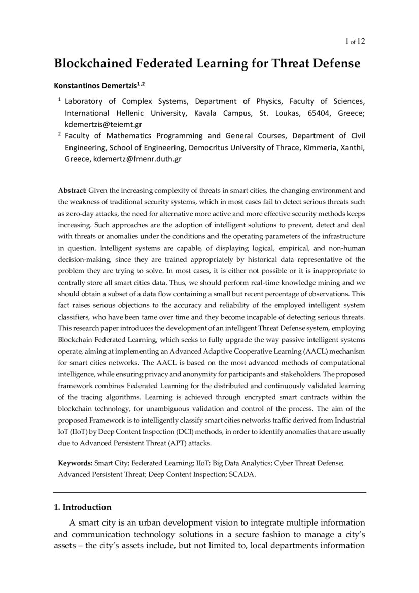 Blockchained Federated Learning for Threat Defense | DeepAI