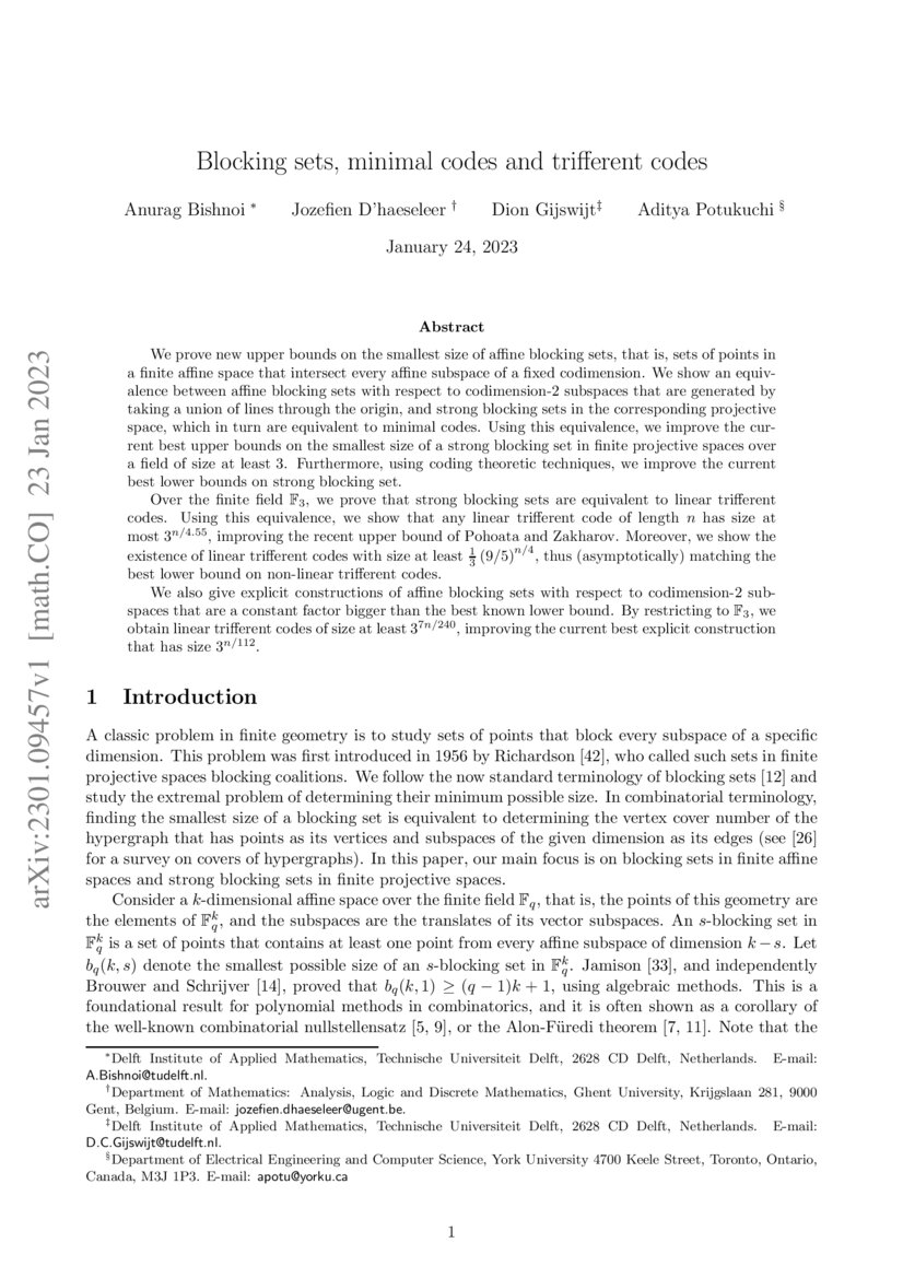 Blocking Sets Minimal Codes And Trifferent Codes Deepai