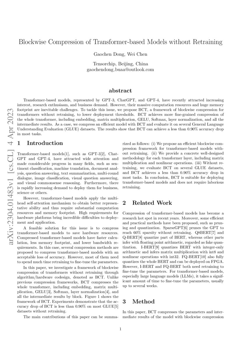 Blockwise Compression Of Transformer Based Models Without Retraining