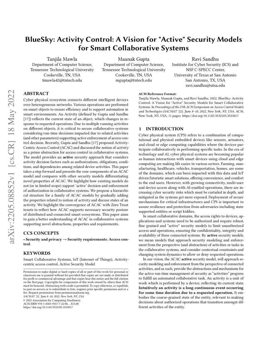 BlueSky: Activity Control: A Vision for "Active" Security Models for ...