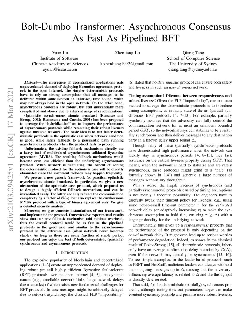 Bolt-Dumbo Transformer: Asynchronous Consensus As Fast As Pipelined BFT | DeepAI