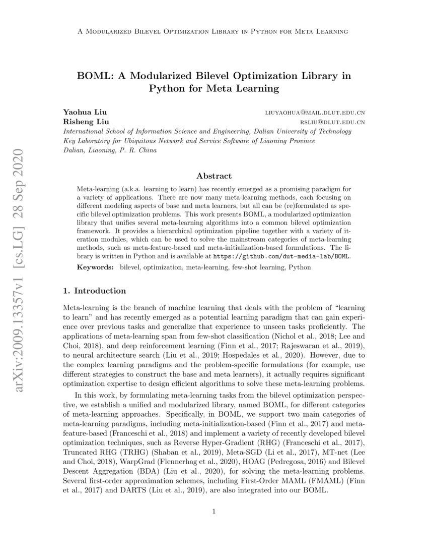 Boml A Modularized Bilevel Optimization Library In Python For Meta Learning Deepai